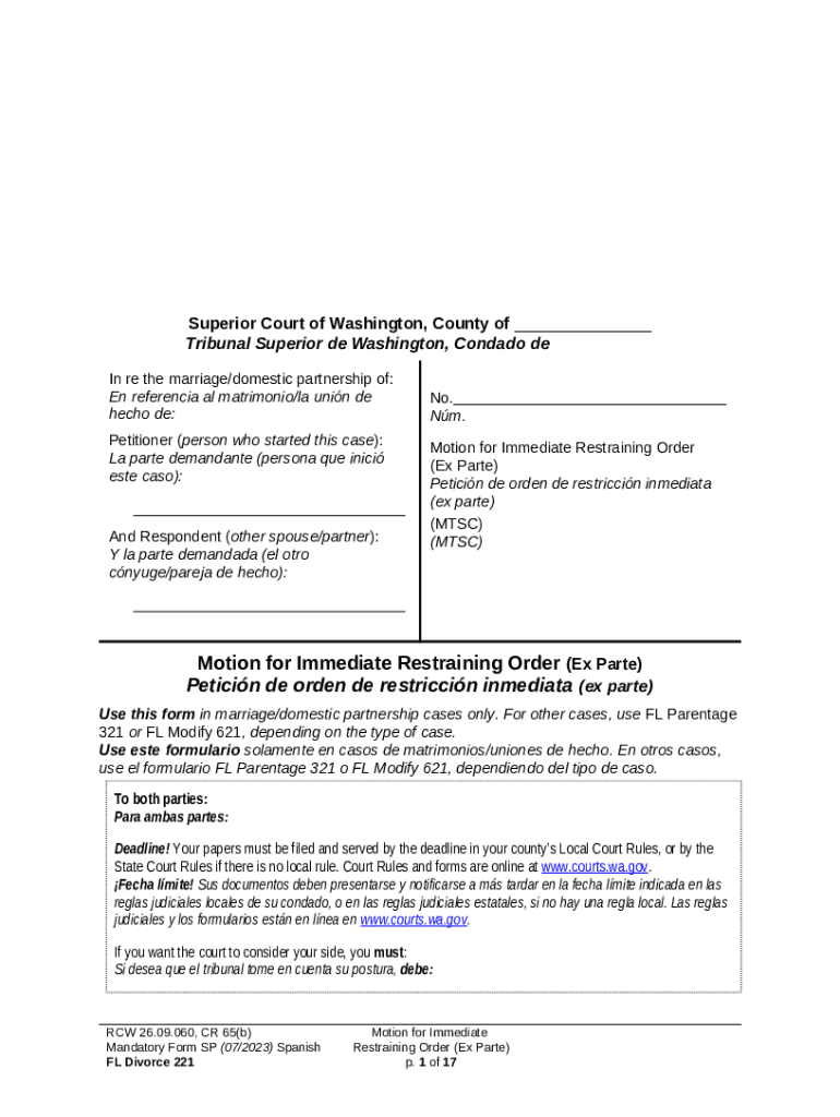 Motion for Immediate Restraining Order (Ex Parte) Peticin de ... Doc Template | pdfFiller
