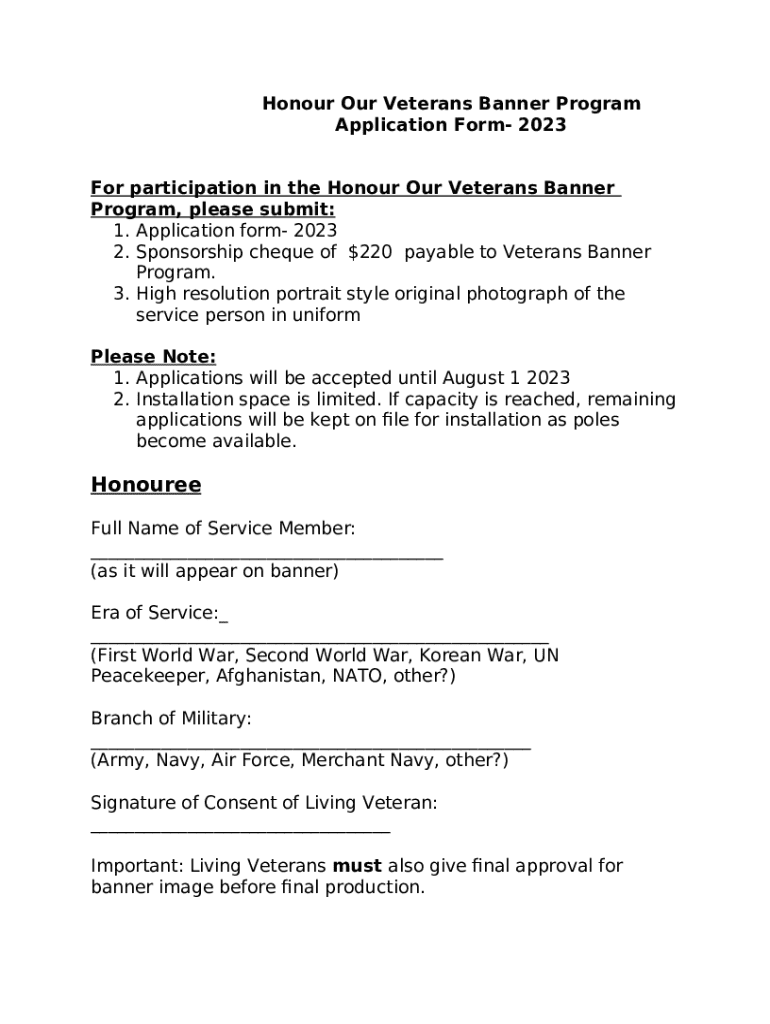 Honour Our Veteran Banner Program Application Doc Template | pdfFiller