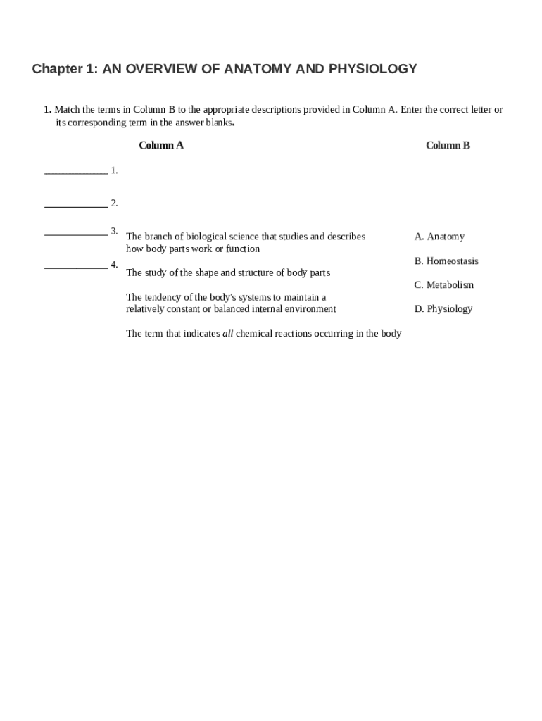 Match the terms in Column B to the appropriate ... Doc Template | pdfFiller