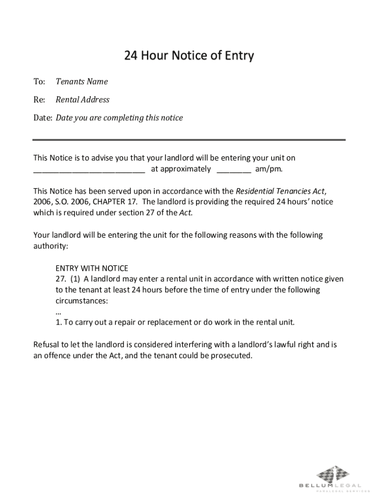 Fillable Online Free 24 Hour Notice to Enter Form Fax Email Print - pdfFiller
