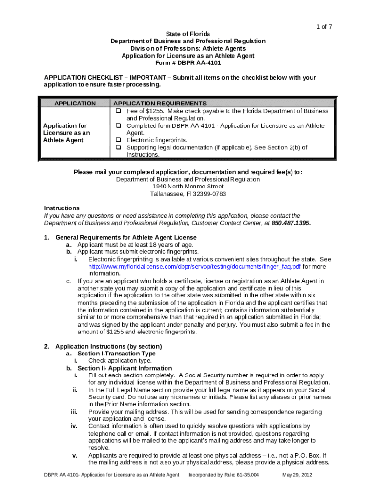 DBPR AA 4101 - Application for Licensure as an Athlete ... Doc Template ...