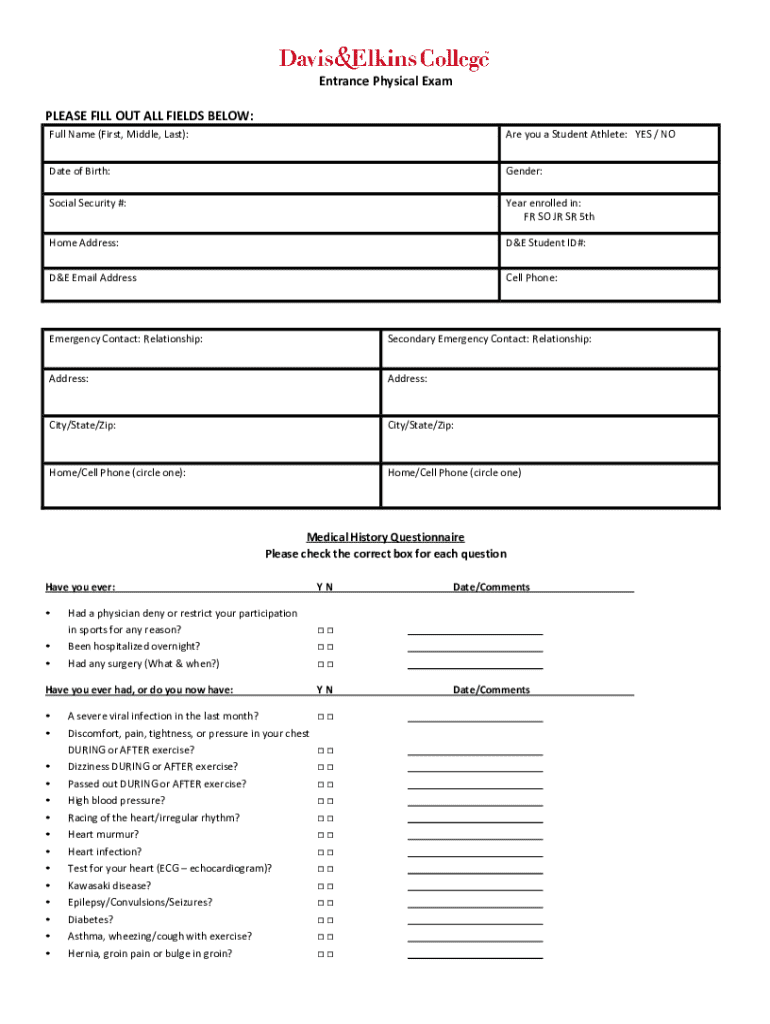 Fillable Online Entrance Physical Exam PLEASE FILL OUT ALL FIELDS BELOW ...