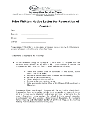 Prior Written Notice Letter for Revocation of Consent Doc Template ...