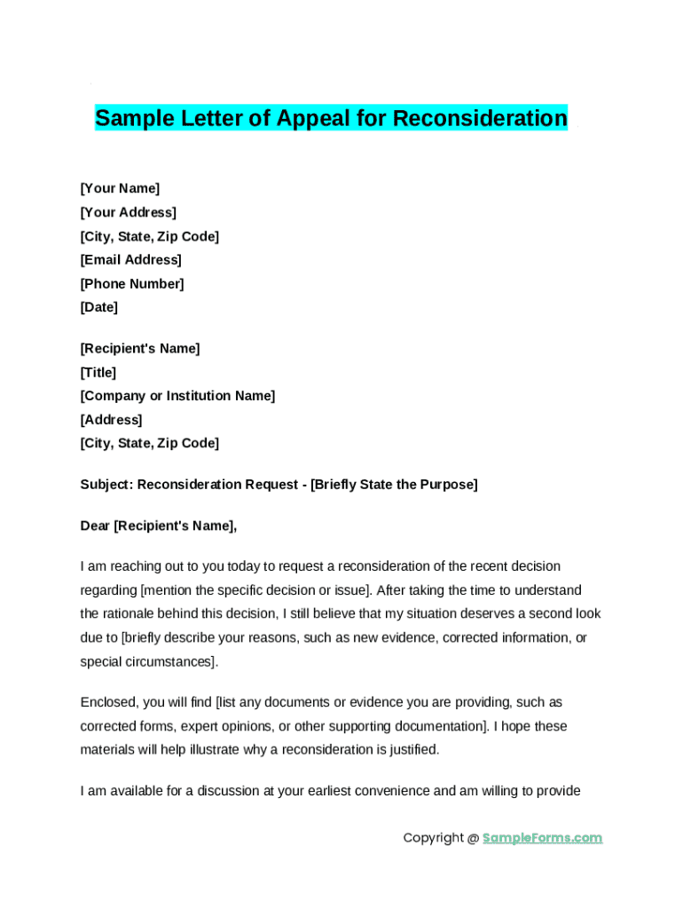 Sample Letter of Appeal for Reconsideration Doc Template | pdfFiller
