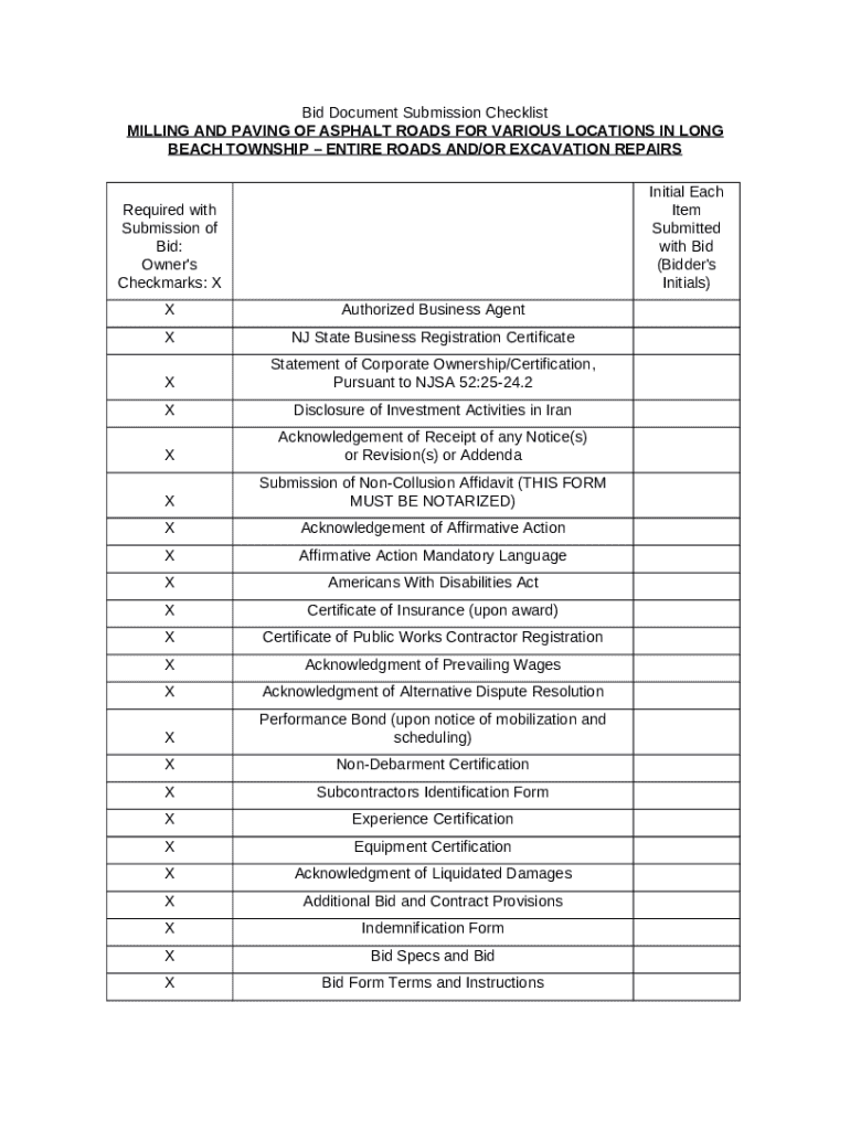 Bid Document Submission Checklist Township of ... Doc Template | pdfFiller