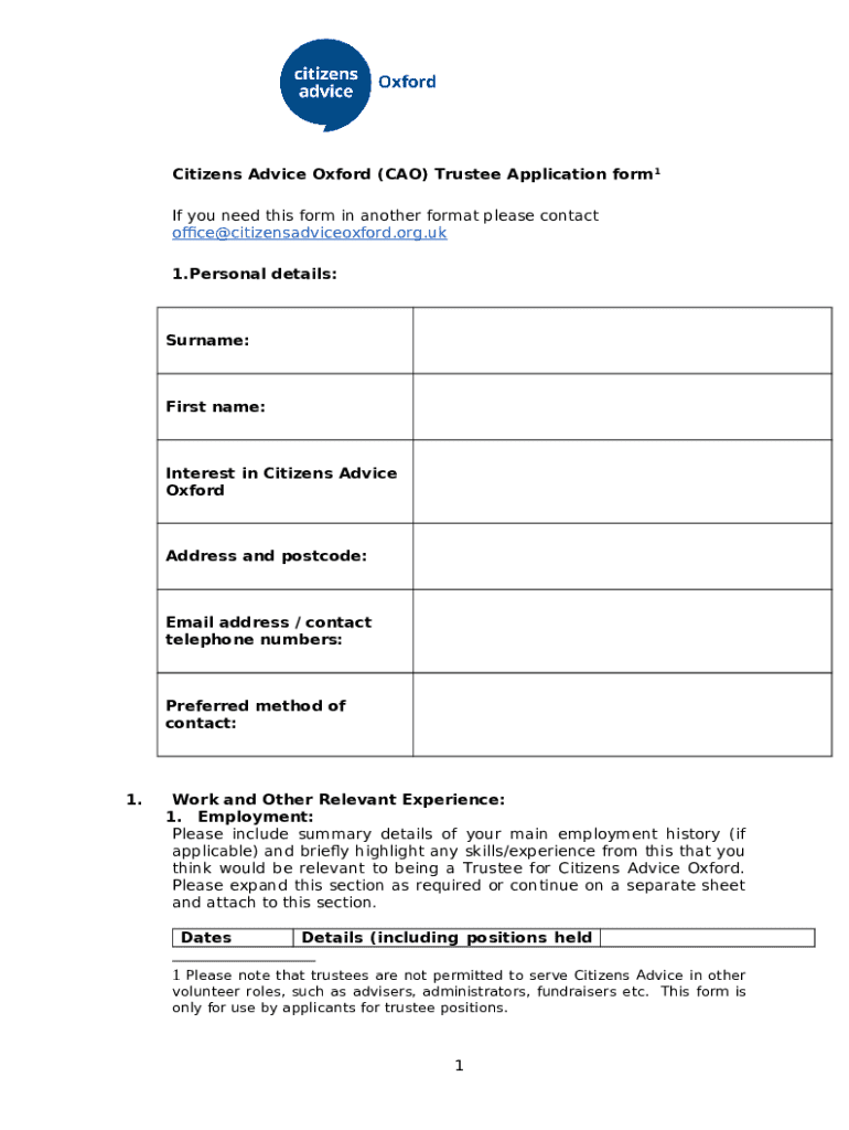 Citizens Advice Halton Trustee Application Doc Template | pdfFiller