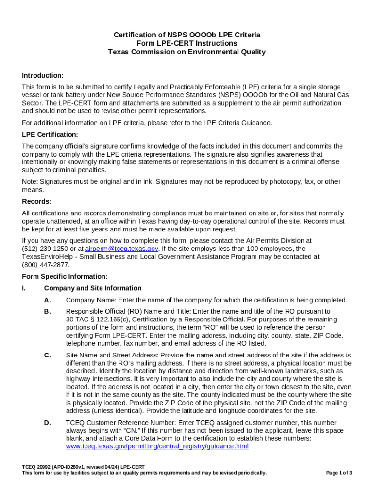 TCEQ 20992 - Certification of NSPS OOOOb LPE Criteria LPE-CERT Instructions. TCEQ Certification ...