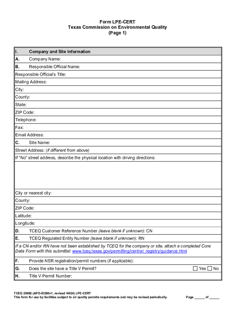 Fillable Online TCEQ Form 20992 - Certification of NSPS OOOOb LPE ...