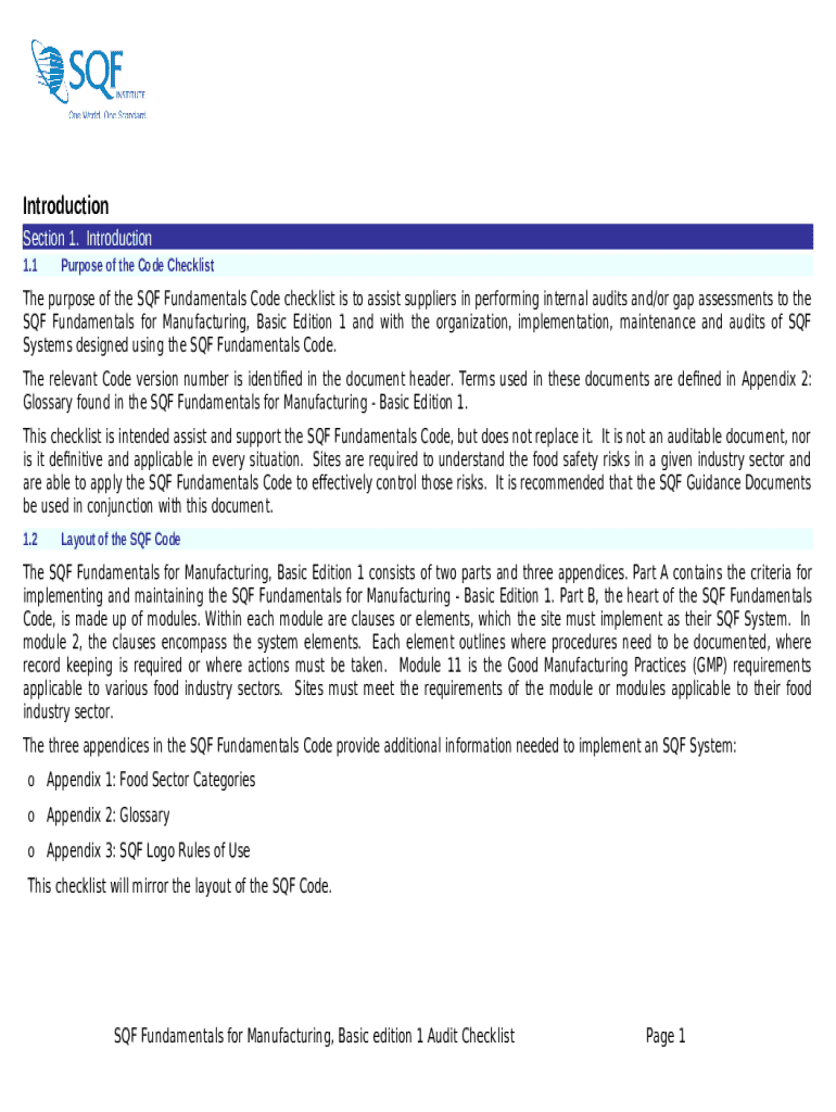 SQF Fundamentals Checklist: Basic Level for Manufacturing Doc Template ...