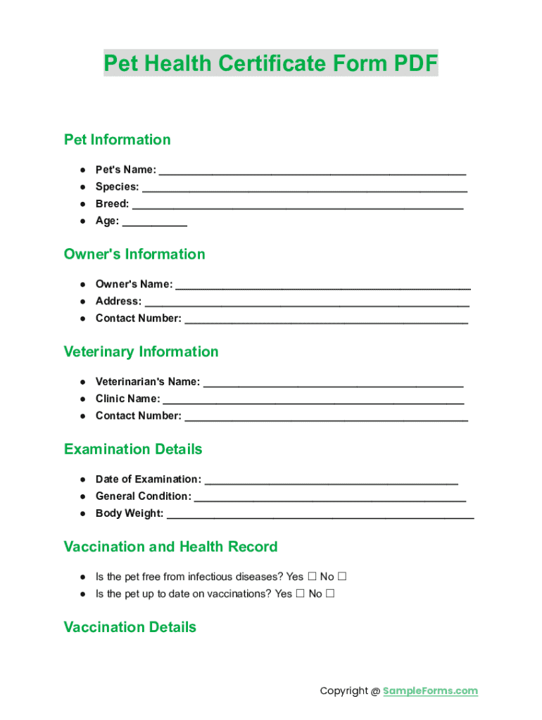 Fillable Online Pet Health Certificate Form PDF Fax Email Print - pdfFiller