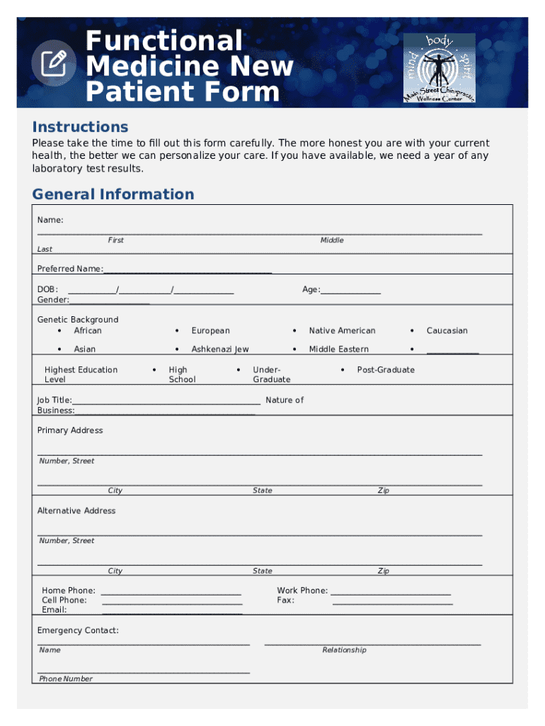 Functional Medicine New Patient Intake Doc Template | pdfFiller