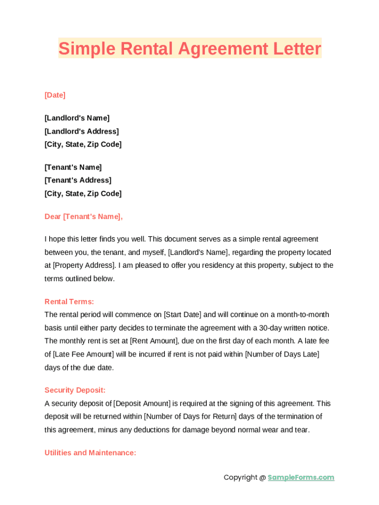 Simple Rental Agreement Letter Doc Template | pdfFiller
