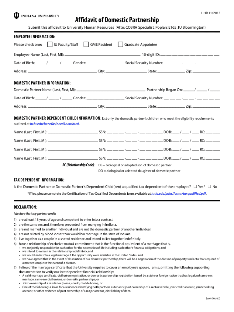 Fillable Online Affidavit of Domestic Partnership form - Indiana ...
