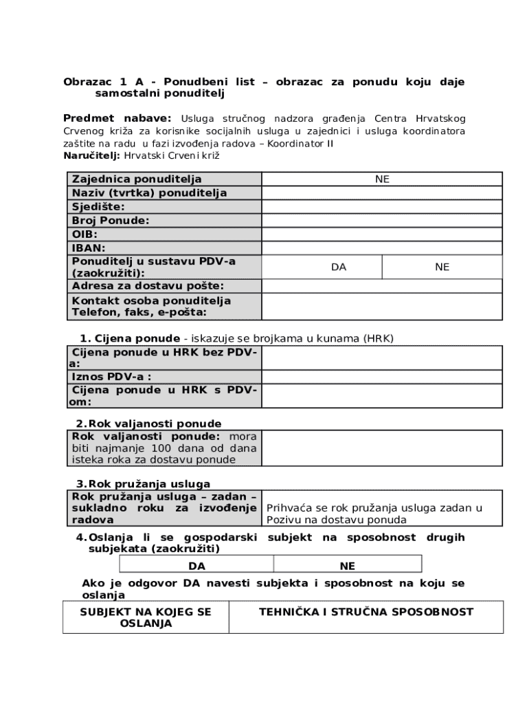 Obrazac 1 A - Ponudbeni list - obrazac za ponudu koju daje samostalni ...