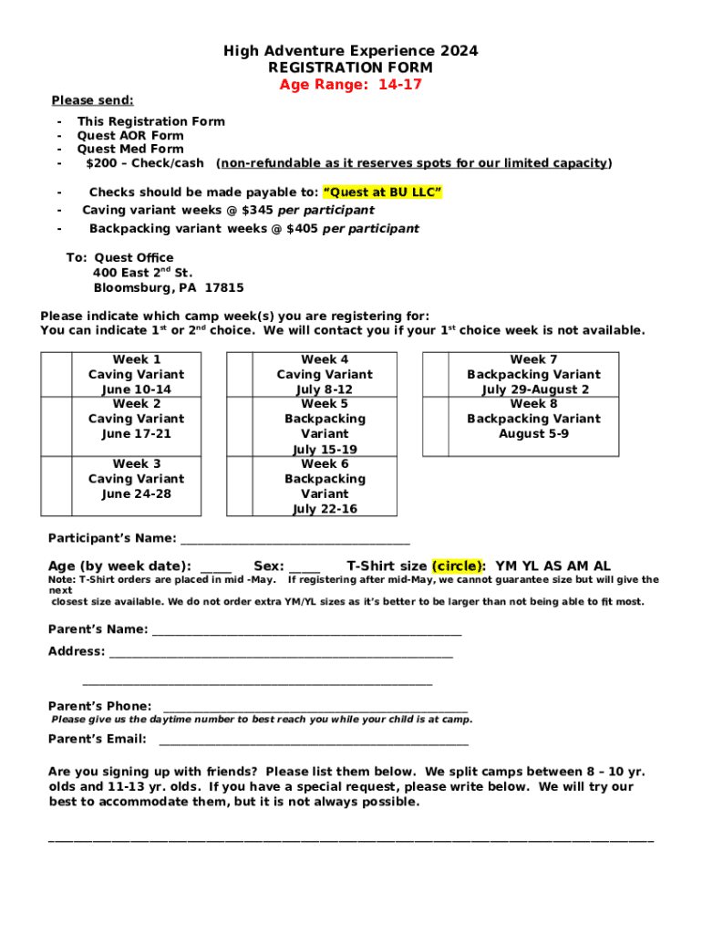 ActionQuest Enrollment ApplicationAdventure Camp ... Doc Template ...
