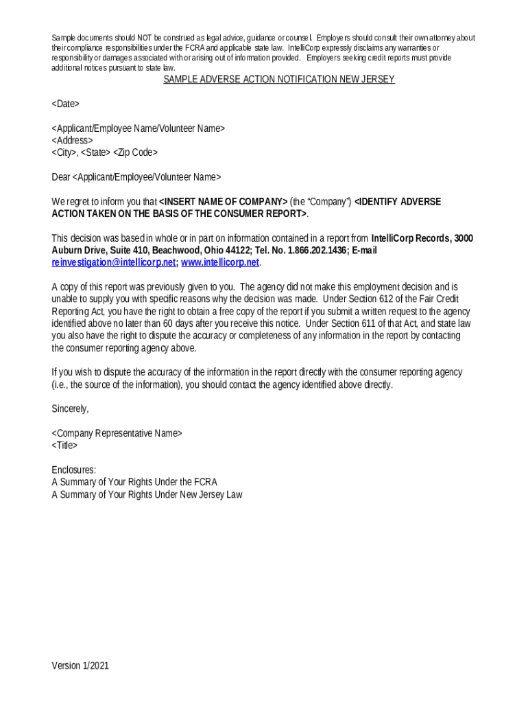 SAMPLE ADVERSE ACTION NOTIFICATION NEW JERSEY Doc Template | pdfFiller