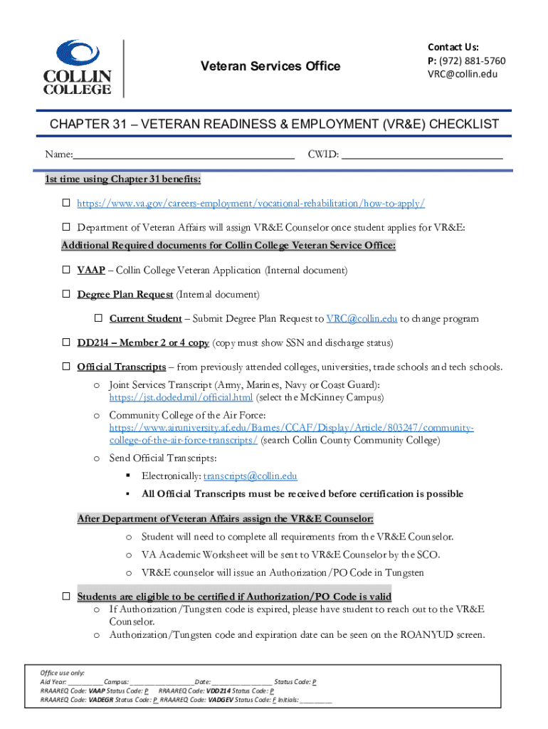 Fillable Online Veteran Ch. 31 VR&E New Student Checklist - in.nau.edu ...