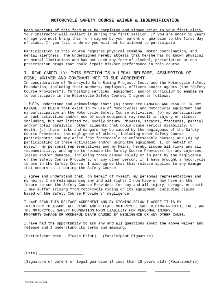 motorcycle safety course waiver & indemnification Doc Template | pdfFiller