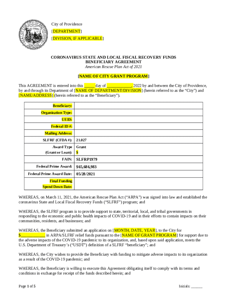 ARPA Beneficiary Agreement Templaterev11.3.22 Doc Template | pdfFiller