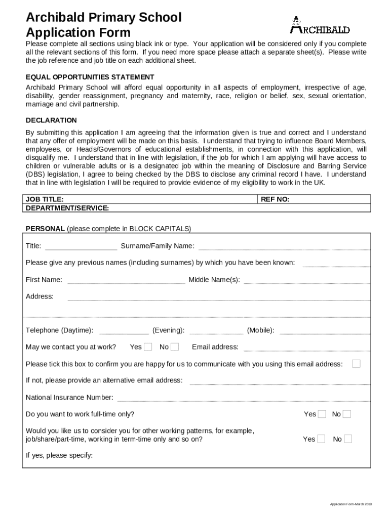 Archibald Primary School Application Doc Template | pdfFiller