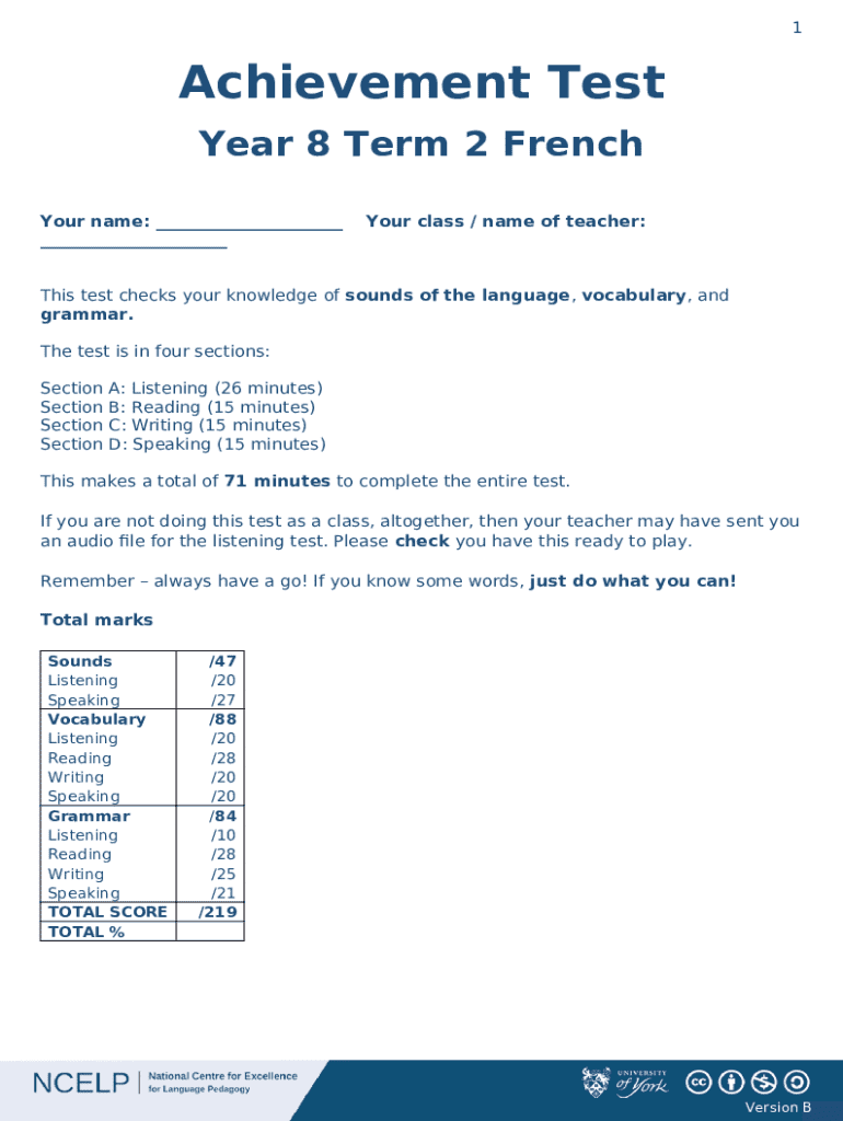 Achievement Test Year 8 Term 2 French Doc Template | pdfFiller