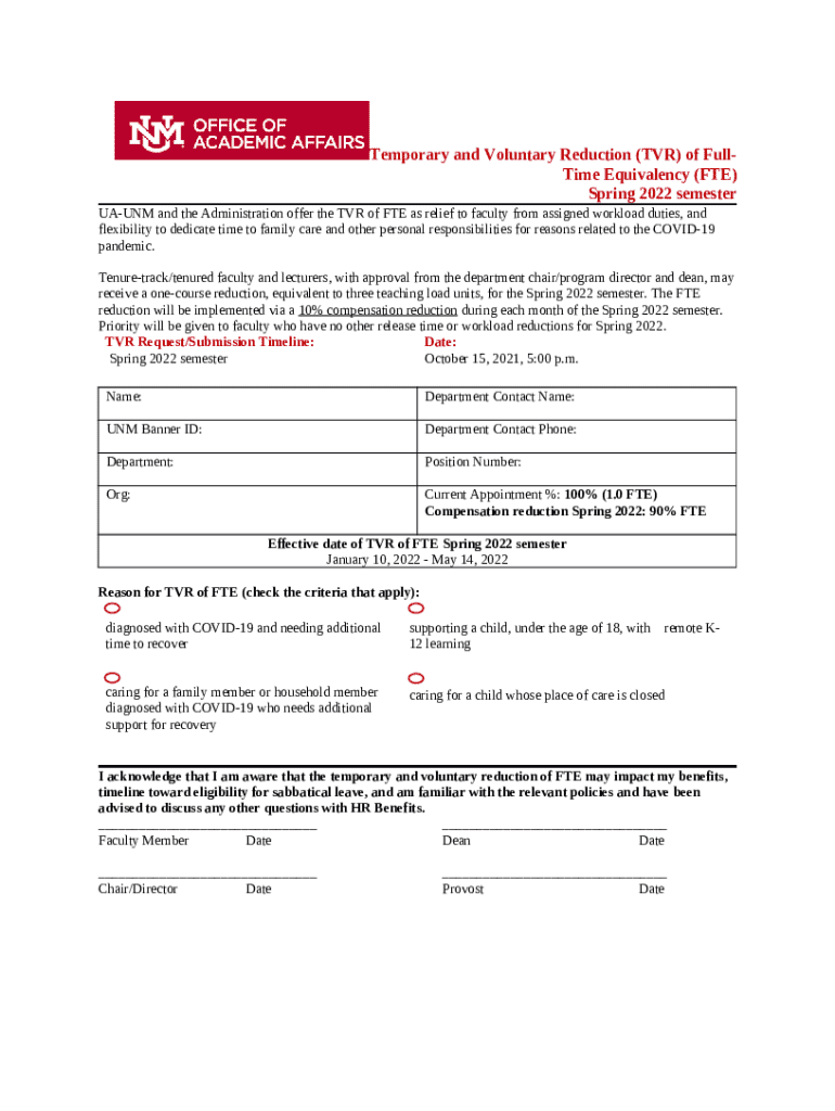Voluntary FTE Reduction Request A faculty or staff ... Doc Template | pdfFiller