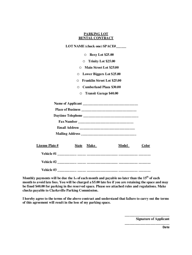 Fillable Online PARKING LOT RENTAL CONTRACT LOT NAME (check one ... Fax ...