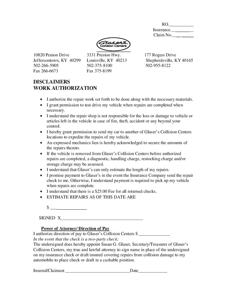 Fillable Online DISCLAIMERS WORK AUTHORIZATION Fax Email Print - pdfFiller Fillable Online DISCLAIMERS WORK AUTHORIZATION Fax Email Print - pdfFiller