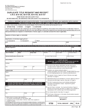 Fillable Online DUPLICATE TITLE REQUEST AND RECEIPT 5750 Fax Email ...