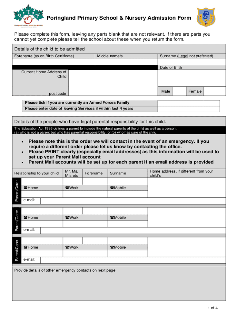 Fillable Online poringlandprimary co Poringland Primary School & Nursery Admission Form Fax ...