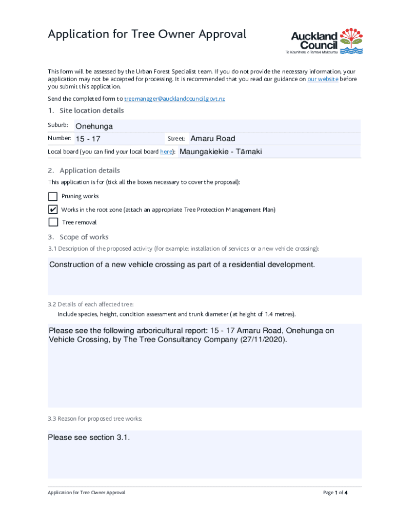 Fillable Online Application for Tree Owner Approval Auckland Fax Email ...