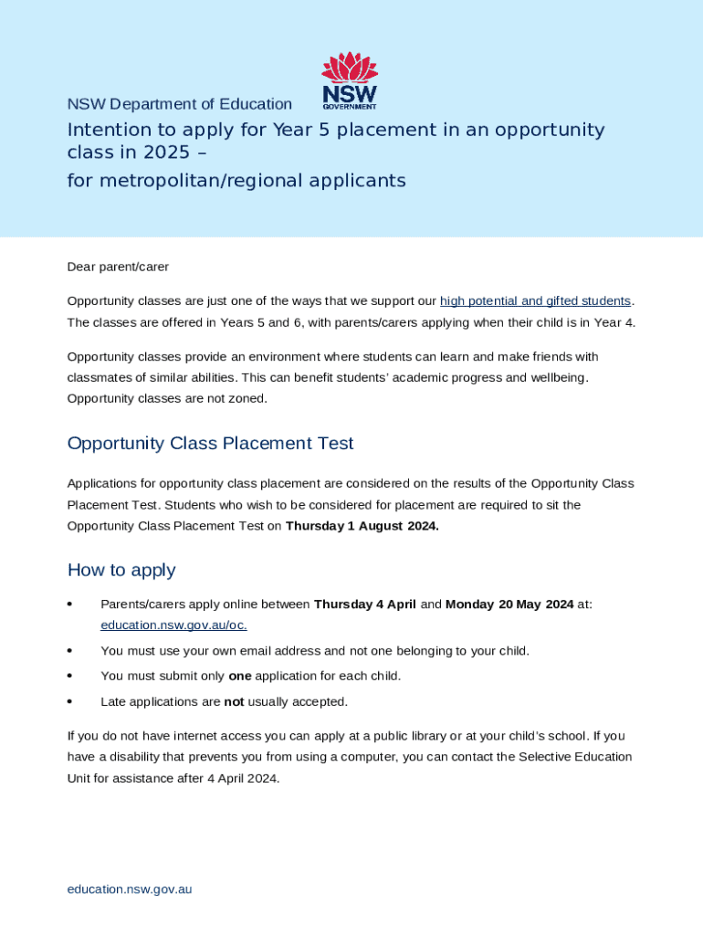 Applying for placement in an opportunity class for 2025 Doc Template ...