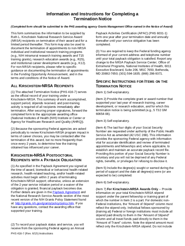 PHS 416-7 (Rev. 8/12), Ruth L. Kirschstein National Research Service Award, Termination Notice ...