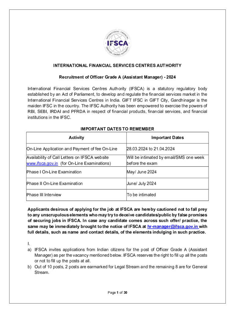 Fillable Online IFSCA Grade A Detailed Notification & Vacancies Fax Email Print - pdfFiller