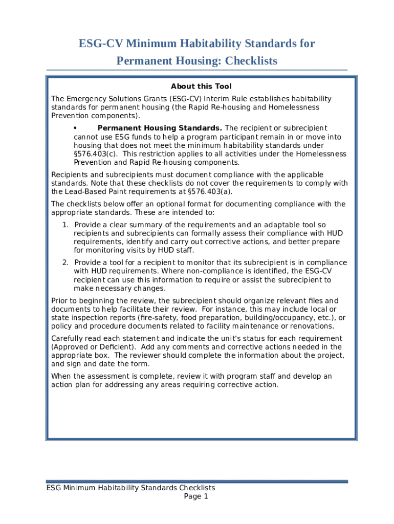 ESG-CV Minimum Habitability Standards for Doc Template | pdfFiller