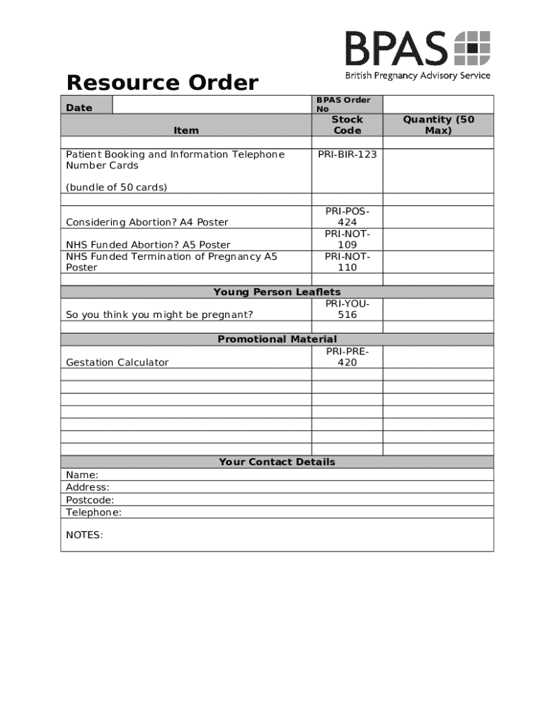 BPAS Order No Doc Template | pdfFiller