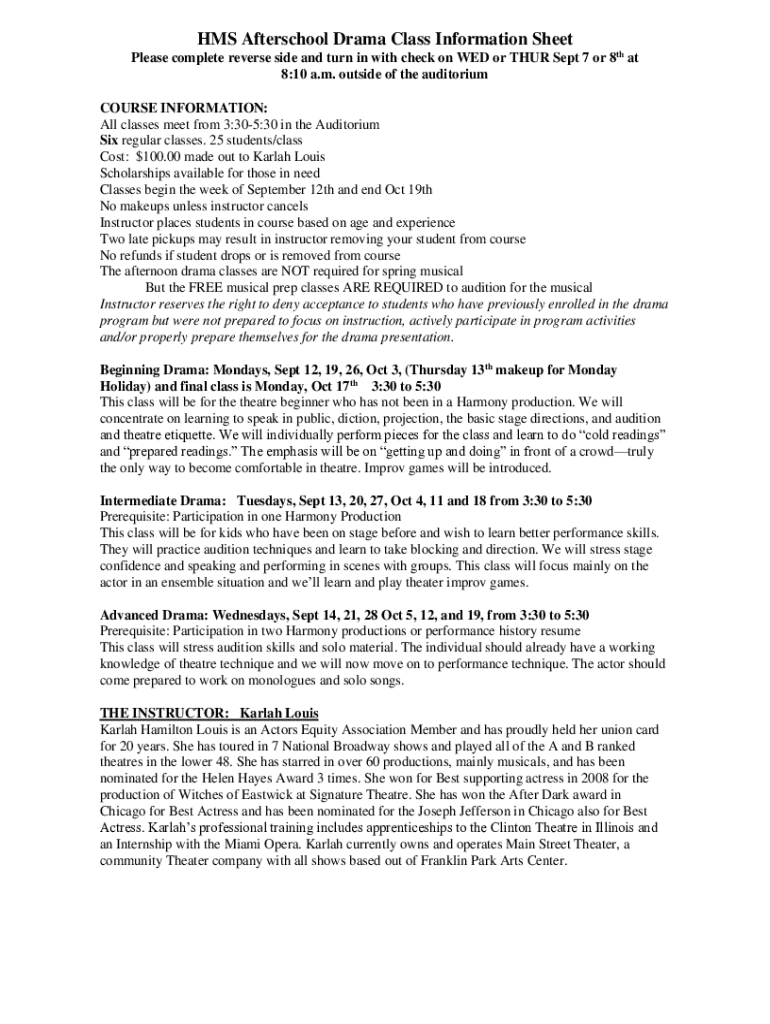 Fillable Online HMS Afterschool Drama Class Information Sheet 2018 Fax ...