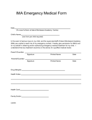 Fillable Online IMA Emergency Medical Form Fax Email Print - pdfFiller