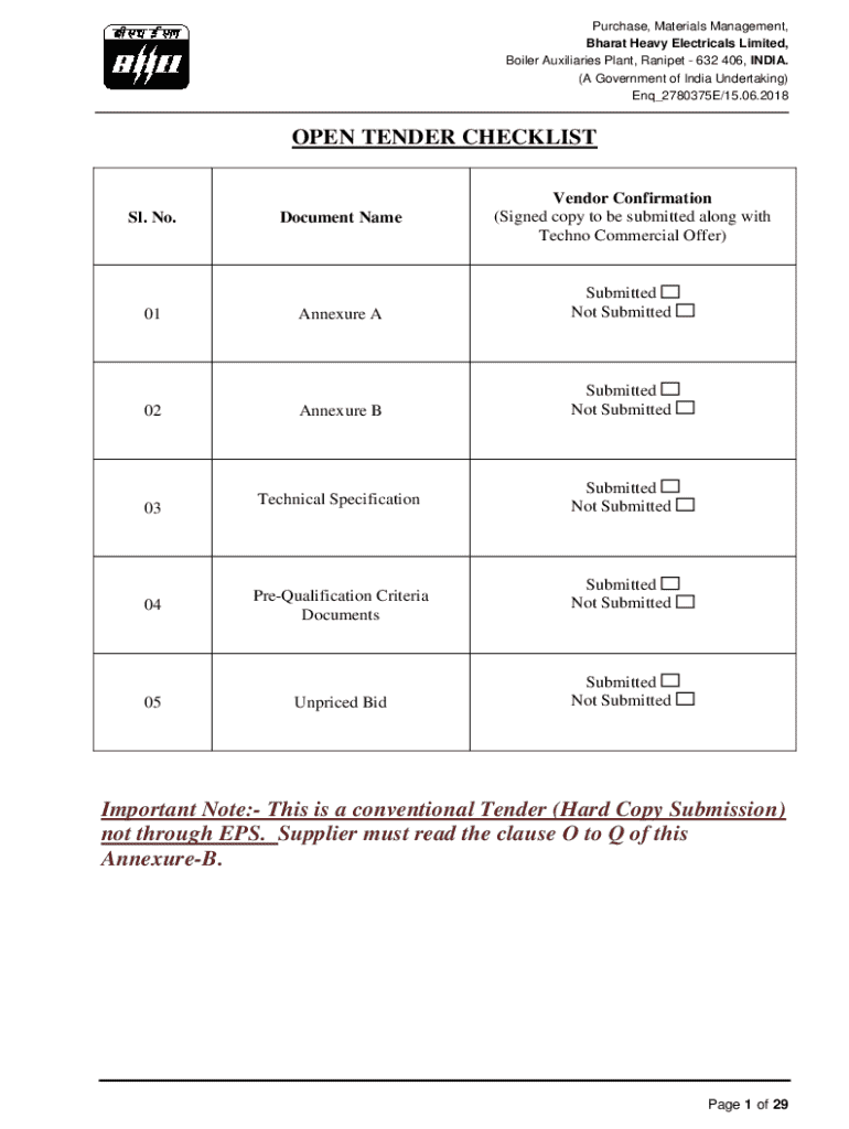 Fillable Online OPEN TENDER CHECKLIST MANUFACTURING AND ... Fax Email ...