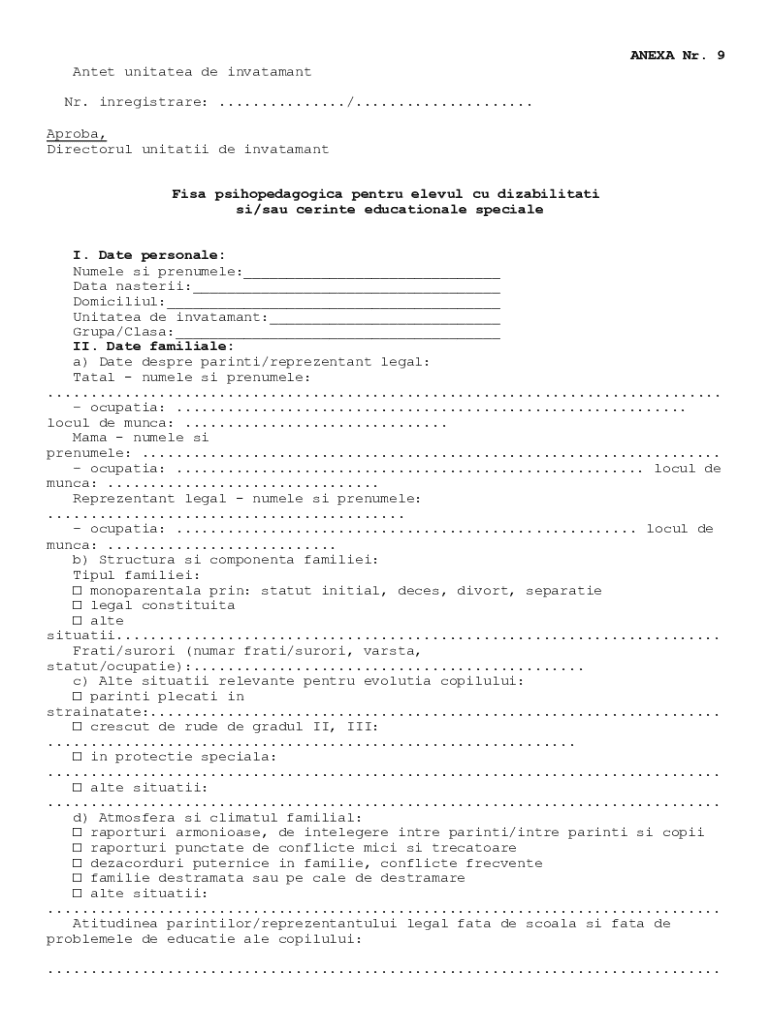 Fillable Online Fisa-psihoped - WORK SHEET - Anexa Nr. 9 Unitatea de ...