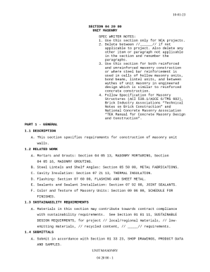 SECTION 04 20 00 UNIT MASONRY. NCA Master Construction Specifications Doc Template | pdfFiller