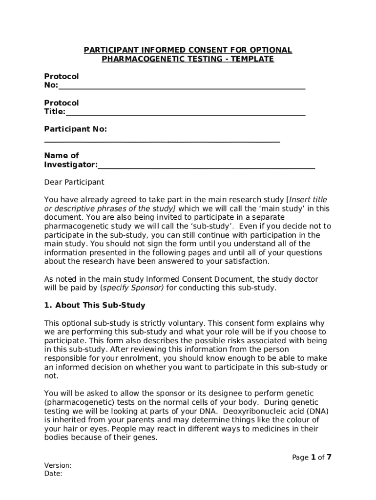 CONSENT FOR PHARMACOGENETIC BLOOD DNA ... Doc Template | pdfFiller