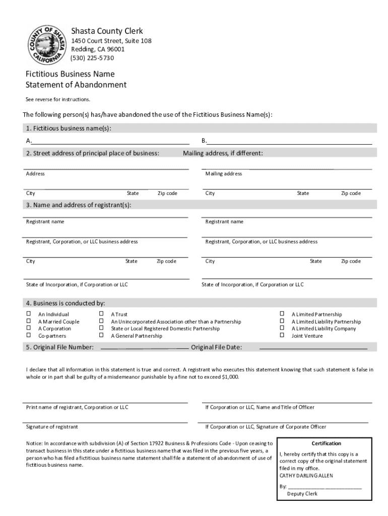 Fillable Online Shasta County Clerk Fictitious Business Name Statement ...