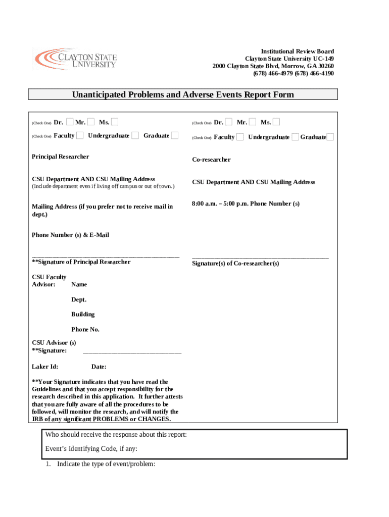 Unanticipated Problems and Adverse Events Report Doc Template | pdfFiller