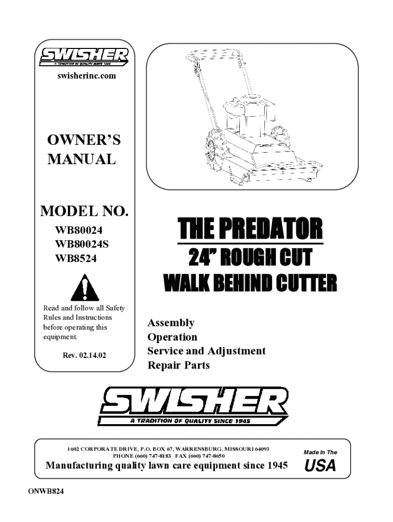 Fillable Online Swisher Walk Behind Rough Cut Trail Cutter Owner's Manual Fax Email Print ...