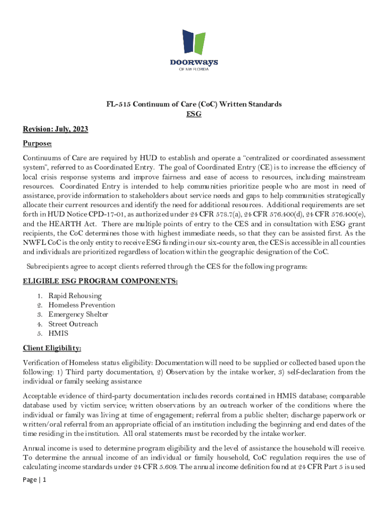 Fillable Online FL-515 Continuum of Care (CoC) Written Standards ESG ...