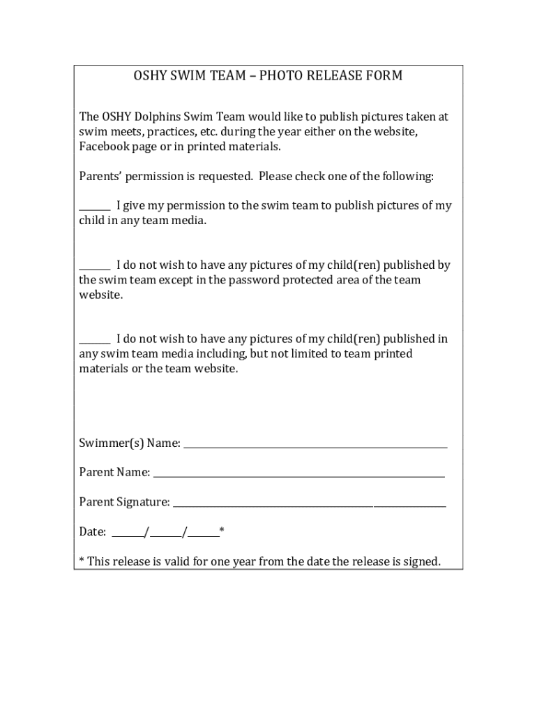 Fillable Online OSHY SWIM TEAM PHOTO RELEASE FORM Fax Email Print - pdfFiller