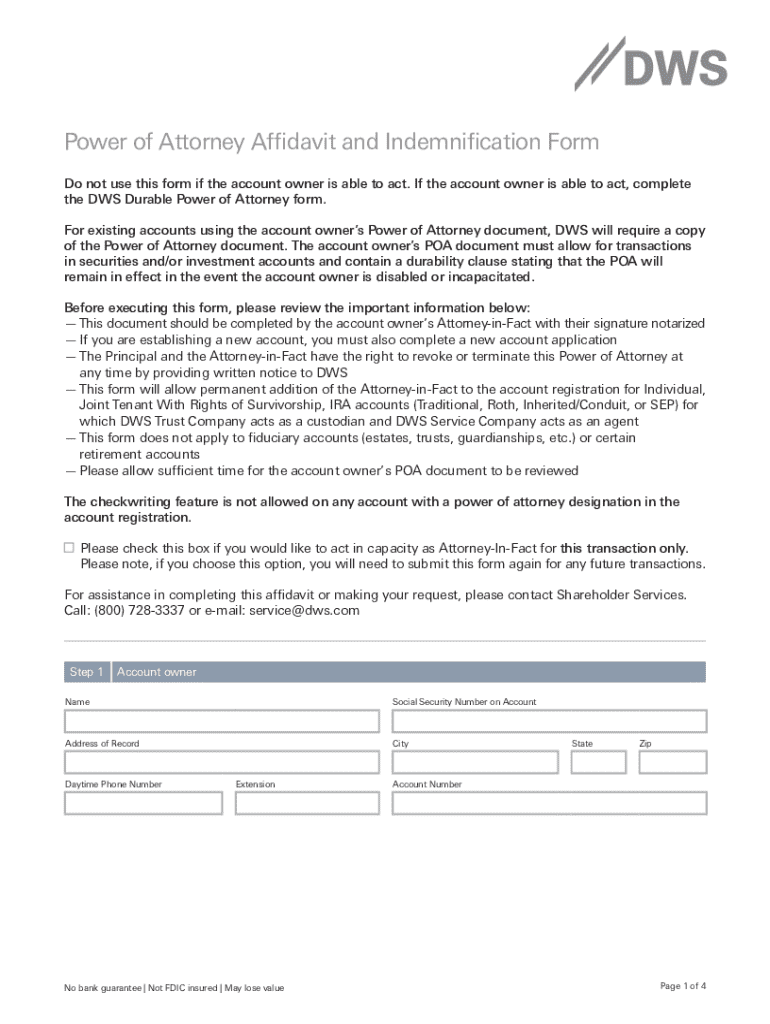 Fillable Online DWS Form POA-AFF. Power of Attorney Affidavit and ...