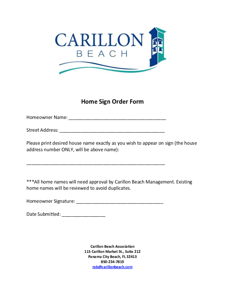 Fillable Online Home Sign Order Form Carillon Beach Fax Email Print ...