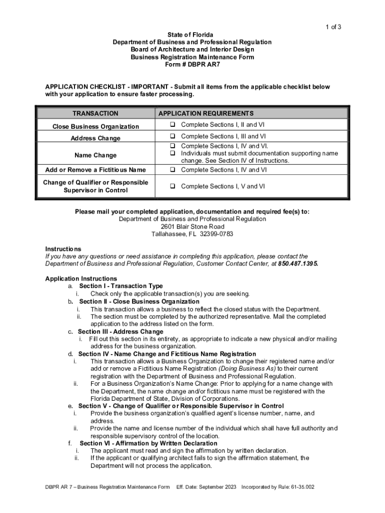 Fillable Online DBPR AR 7 - Business Registration Maintenance Form Fax Email Print - pdfFiller